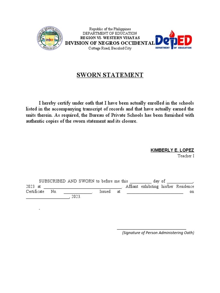 Sworn Statement of Teacher Kimberly E. Lopez Certifying the ...