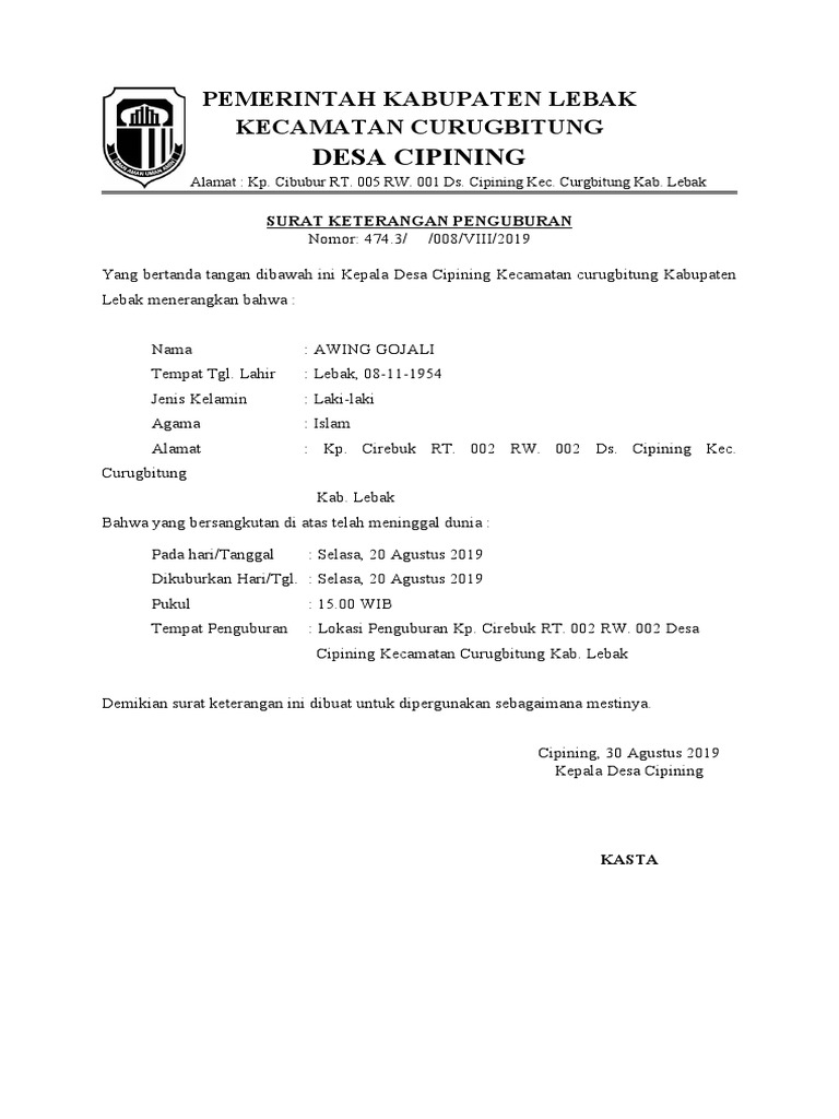 Surat Keterangan Penguburan | PDF