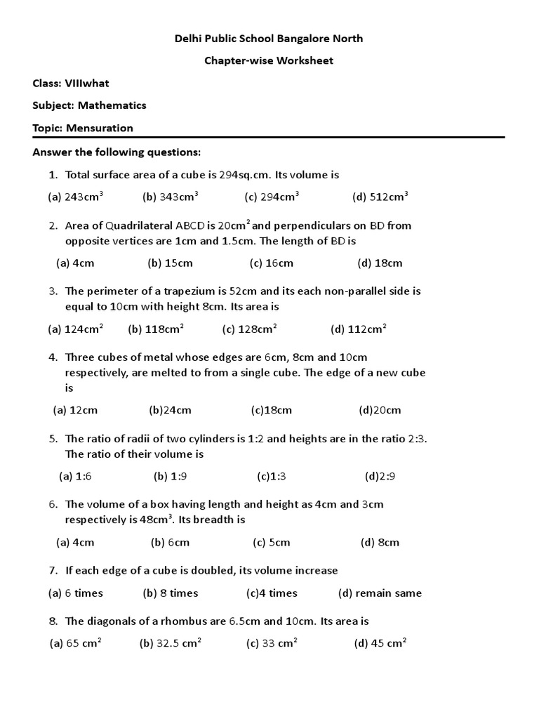 Delhi Public School Bangalore North Chapter-Wise Worksheet Class ...
