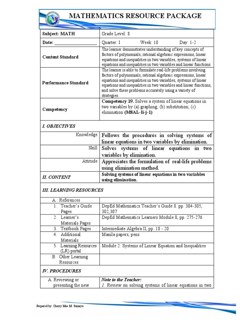 Mathematics Resource Package: I. Objectives | PDF | Equations | Variable (Mathematics)