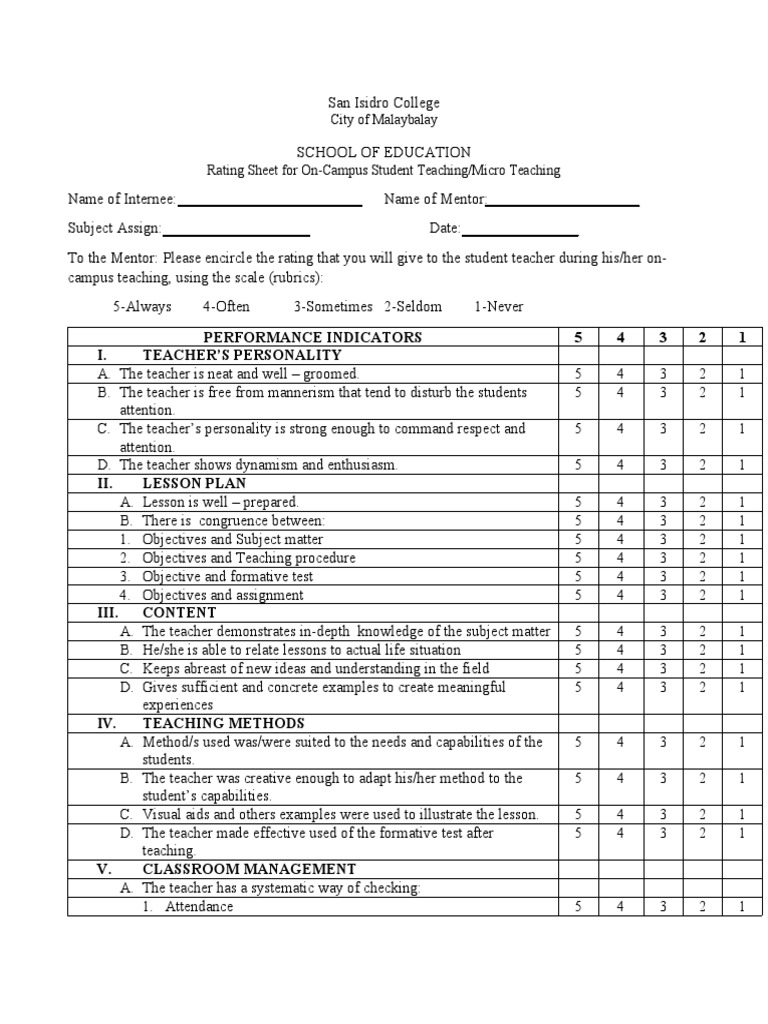 Micro Teaching Evaluation Rating Sheet | PDF | Teachers | Teaching Method