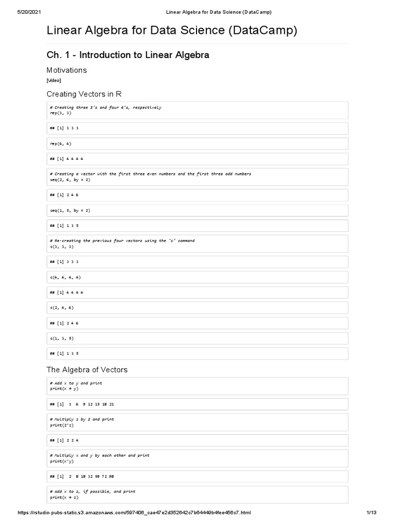 Linear Algebra For Data Science (DataCamp) | PDF
