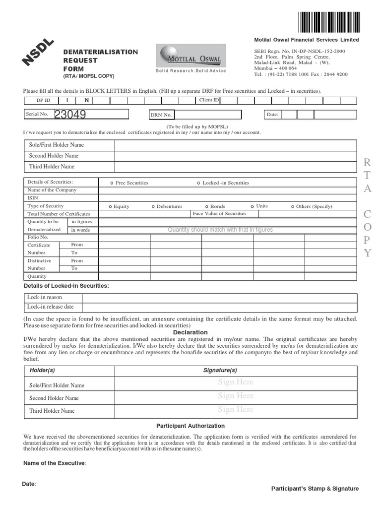 NSDL DRF Form - 23049 | PDF | Securities (Finance) | Investments ...