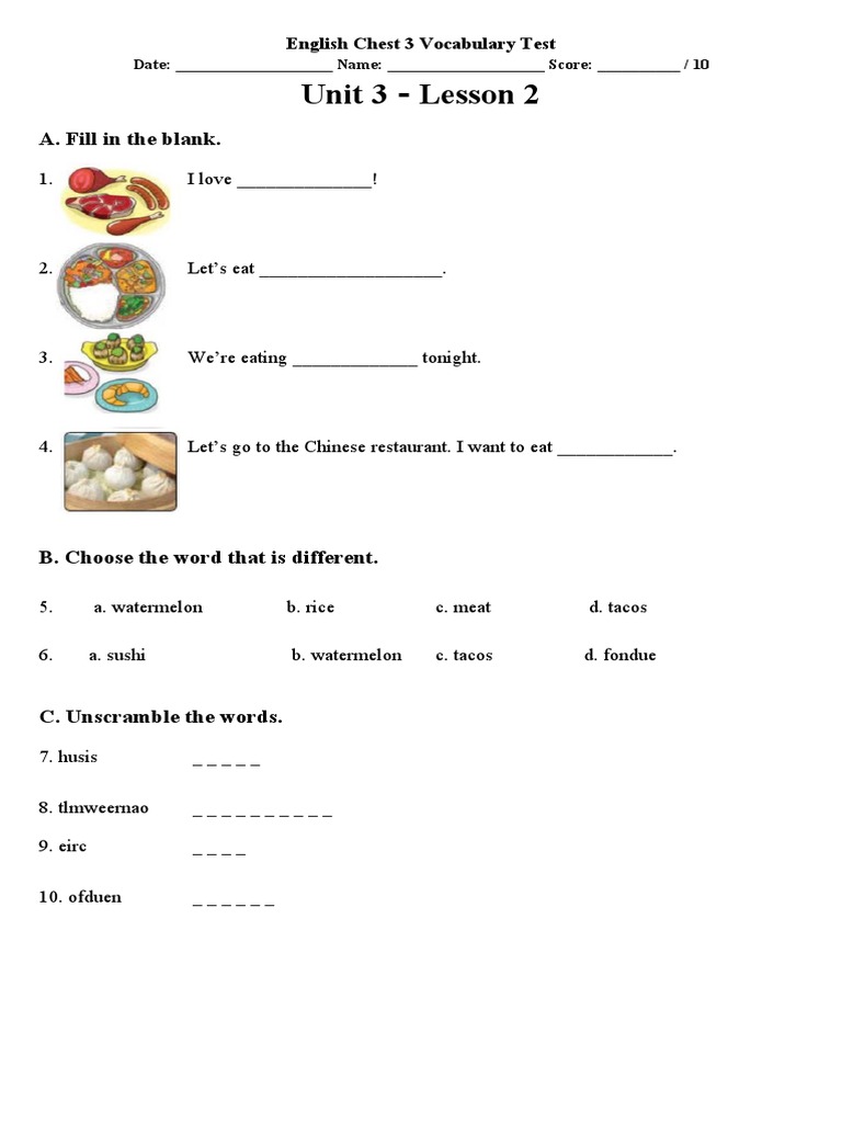 English Chest 3 Vocabulary Test | PDF | Wellness