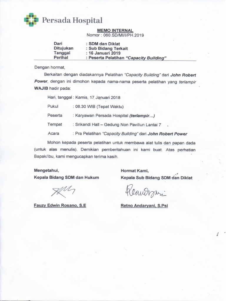 Memo Internal Pra Pelatihan Capacity Building | PDF