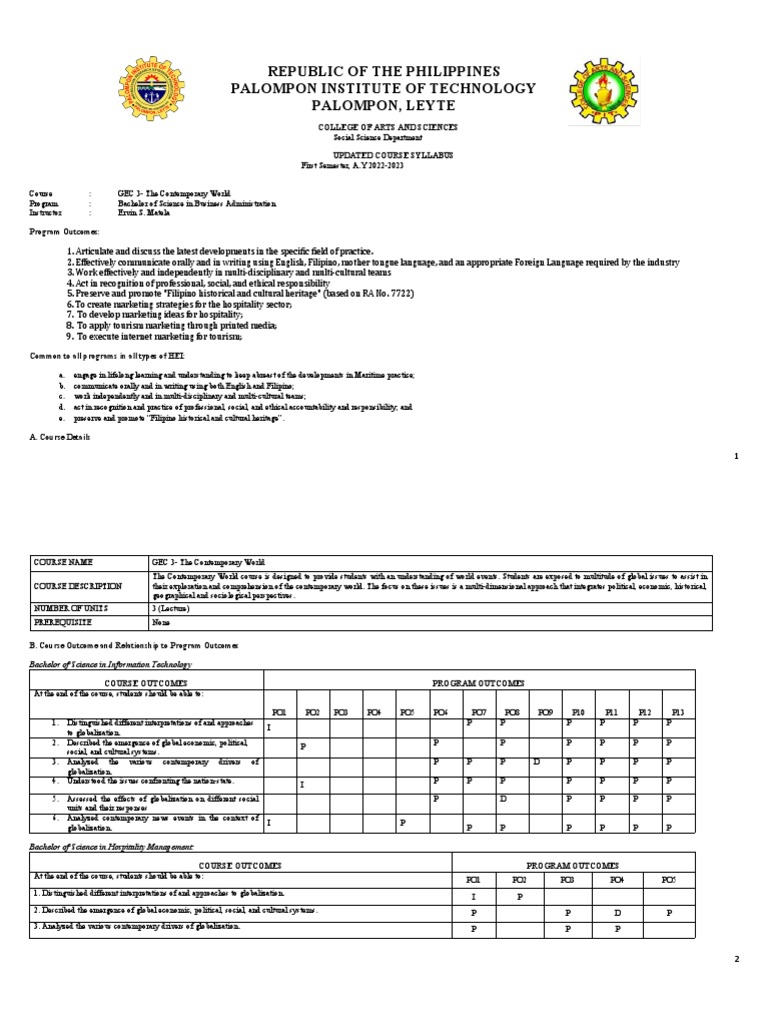 GEC 3 Syllabus For BSBA 2022-2023 First Sem | PDF | Globalization ...