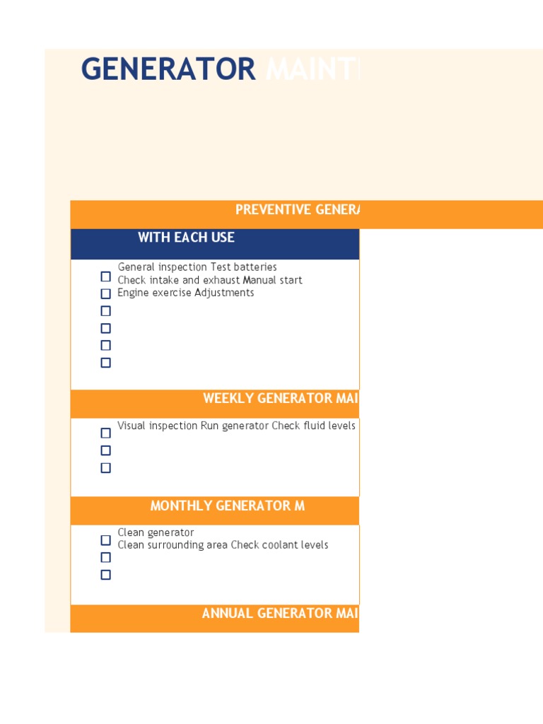 Monthly Generator Maintenance Checklist | PDF | Technology & Engineering