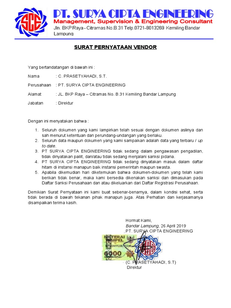 Form Surat Pernyataan Vendor | PDF