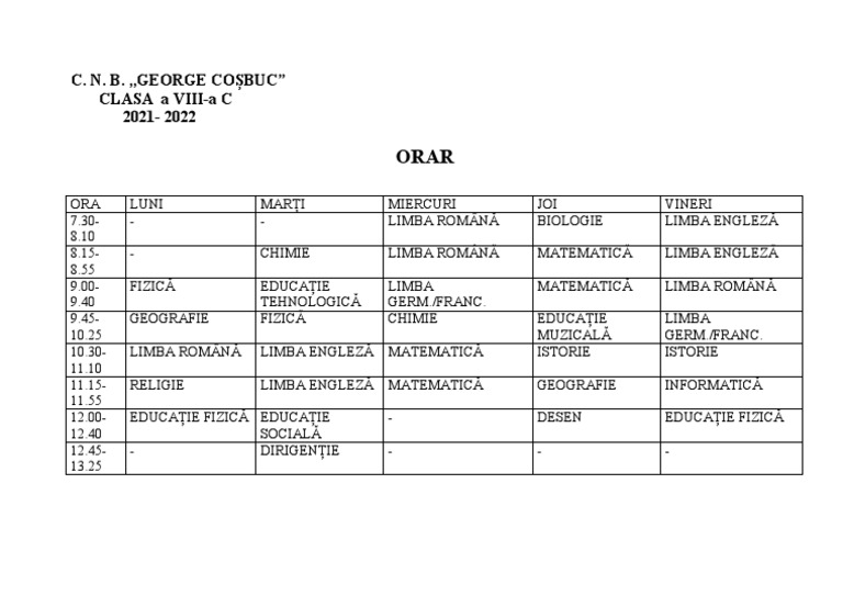 Orar Cls. A VIII-a C 2021-2022 Modificat | PDF