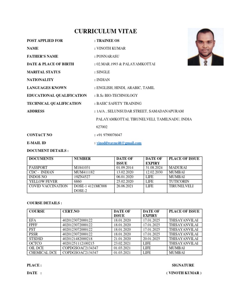 Vinoth Kumar's Curriculum Vitae Seeking a Position as a Trainee OS | PDF