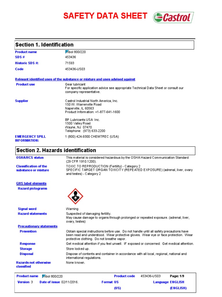 Safety Data Sheet for Tribol 800/220 Gear Lubricant | PDF | Personal ...