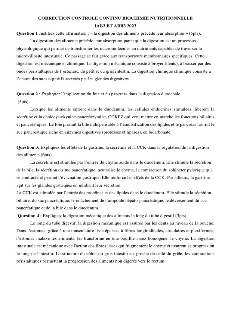 Correction Controle Continu Biochimie Nutritionnelle | PDF | Estomac | Pancréas