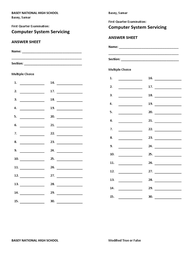 Computer Servicing Exam Sheet | PDF