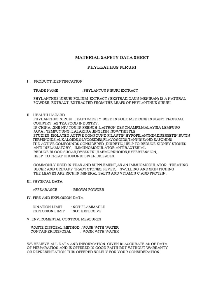 MATERIAL SAFETY DATA SHEET Meniran | PDF