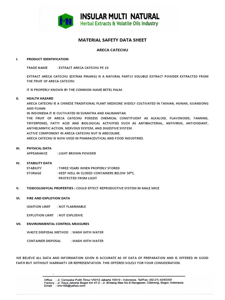 Extract Areca Catechu MSDS | PDF
