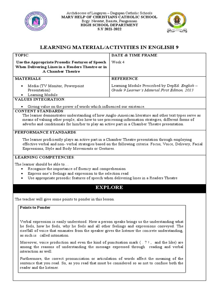 Learning Material/Activities in English 9: Explore | PDF | Reading ...