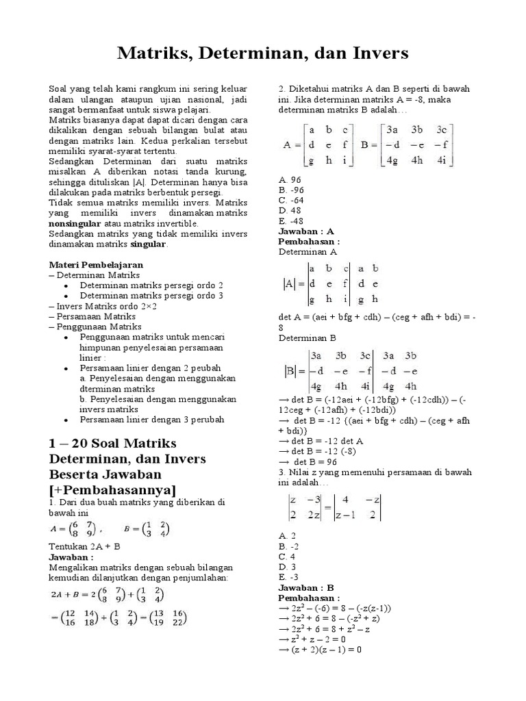 Matriks, Determinan, Dan Invers | PDF | Metode & Bahan Ajar