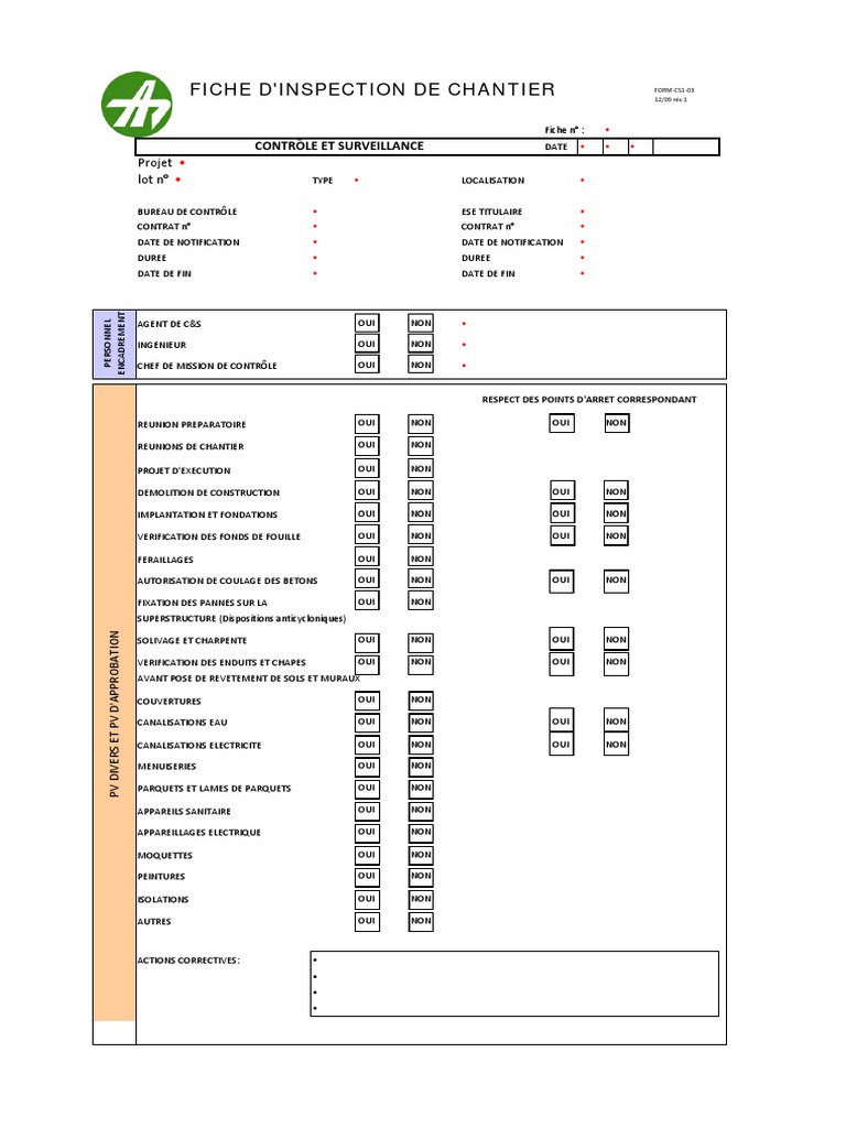 Fiche D'Inspection de Chantier: Projet Lot N° | PDF