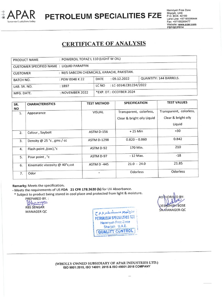 Power Oil Topaz l110 (Light W Oil - Liquid Paraffin) Apar - Batch No ...