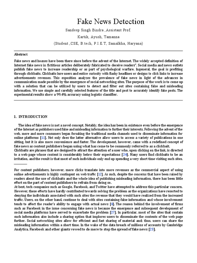 Fake News Detection Research Paper | PDF | Facebook | Statistical Classification