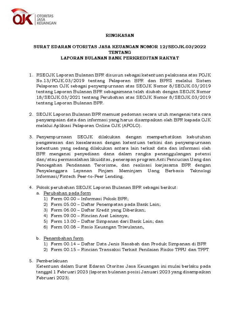 2022 - SE OJK 12 - (Ringkasan) Laporan Bulanan BPR | PDF
