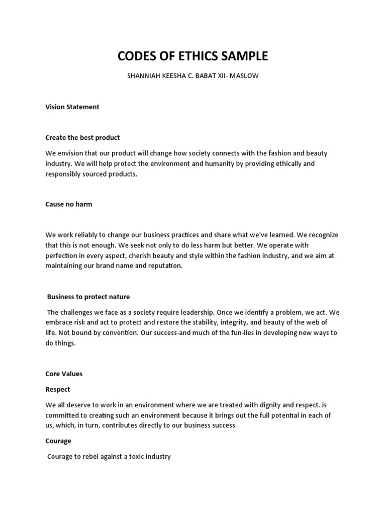 Codes of Ethics Sample | PDF | Fashion | Employment