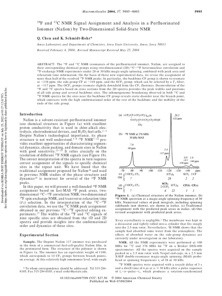 19F and 13C NMR Signal Assignment and Analysis in A Perfluorinated Ionomer (Nafion) by Two ...