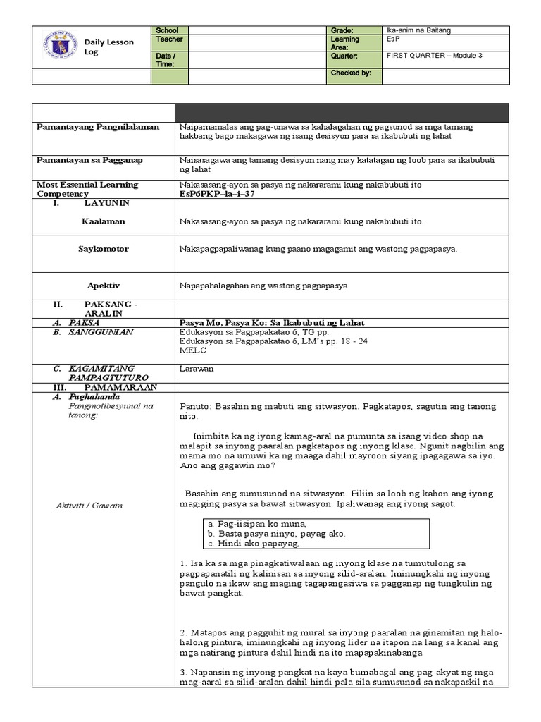 NegOr - EsP6 - Lesson Plan - Q1 - W3 | PDF
