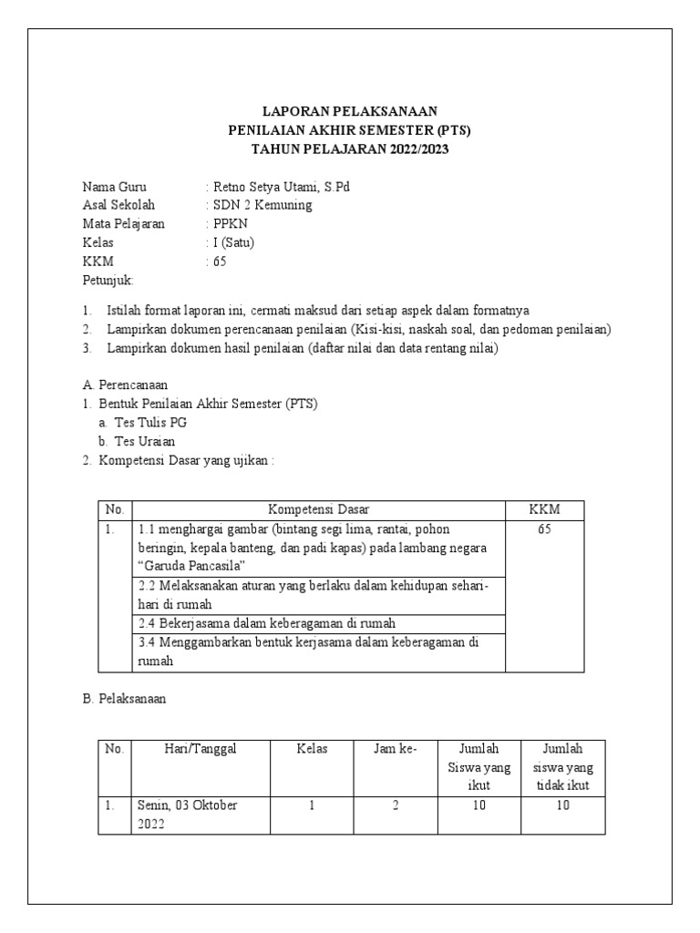 Laporan Pelaksanaan Pas Dan PTS Retno | PDF