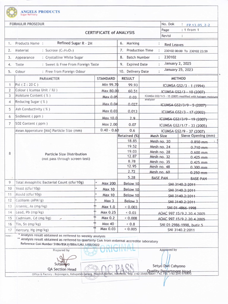 Certificate of Analysis for Refined Sugar R-2H | PDF | Food Industry ...
