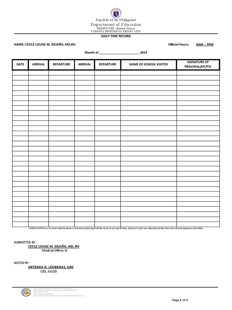 Daily Time Record Template for Teachers | PDF