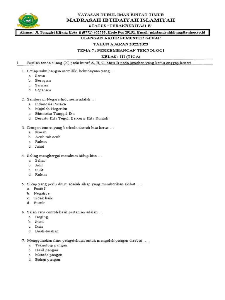 Soal Ujian Tema 7 | PDF