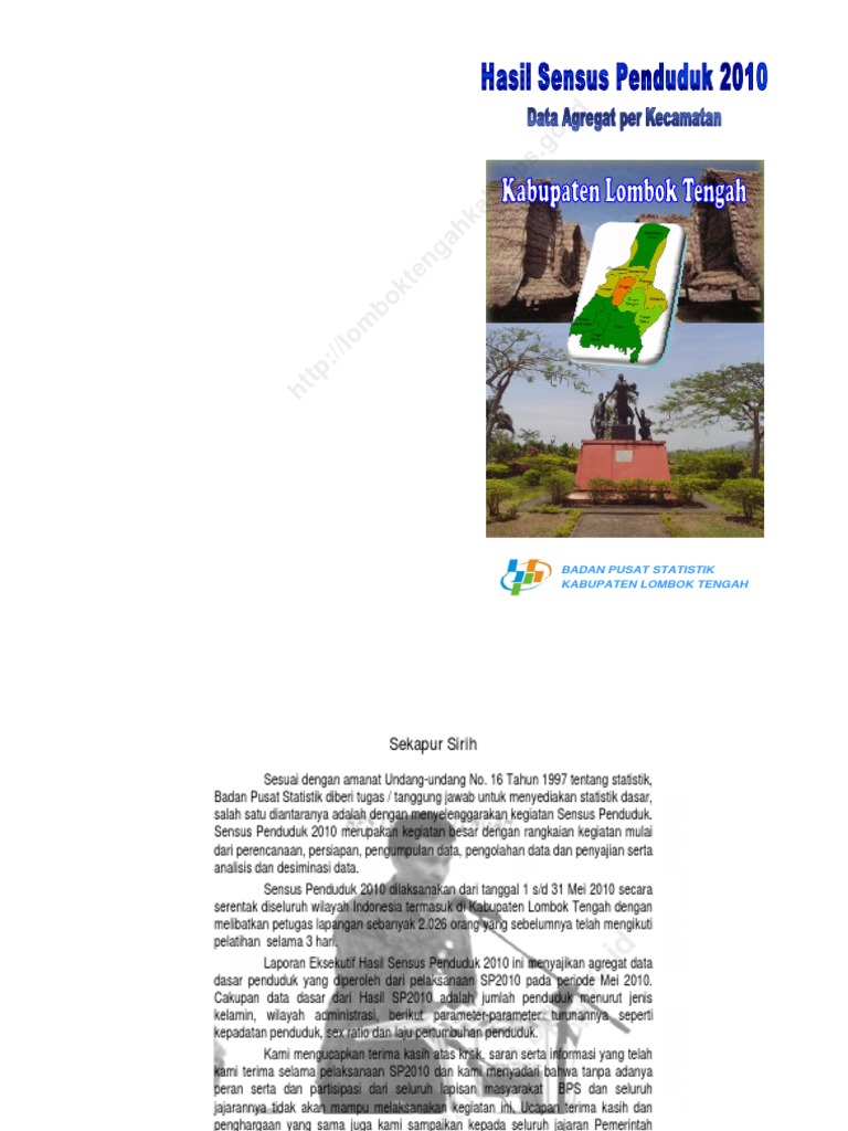 Hasil Sensus Penduduk 2010 Data Agregat Per Kecamatan Kabupaten Lombok Tengah | PDF