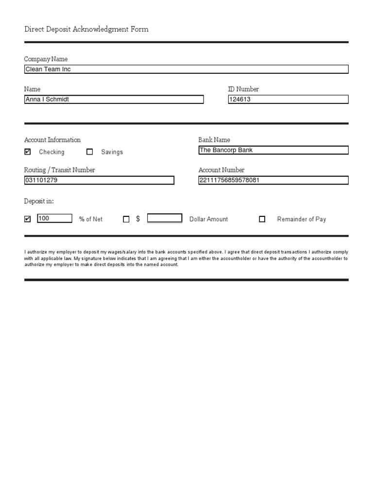 Bancorp Direct Deposit Acknowledgment Form | PDF