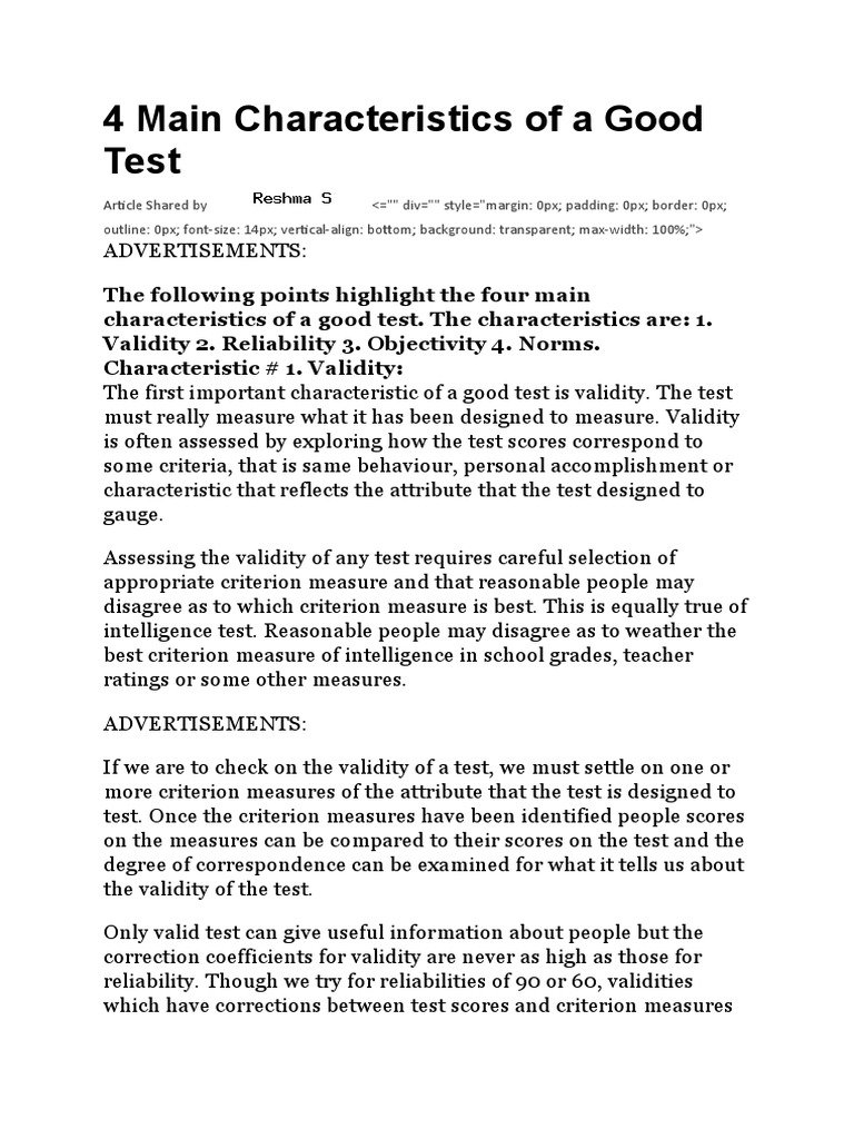 4 Main Characteristics of A Good Test | PDF | Educational Assessment ...