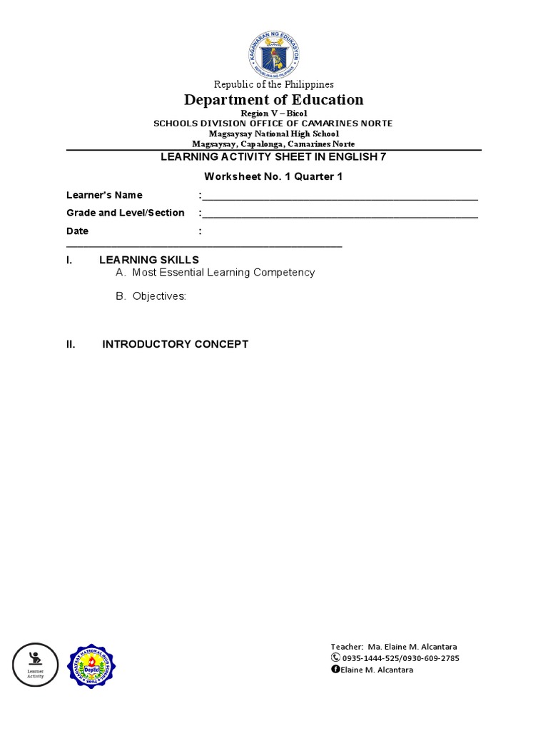 English 7 Learning Activity Sheet | PDF | Behavior Modification | Learning