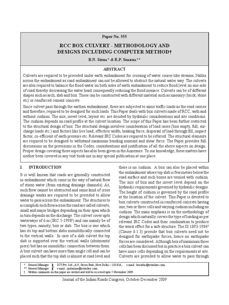 RCC Box Culvert - Methodology and Designs Including Computer Method ...