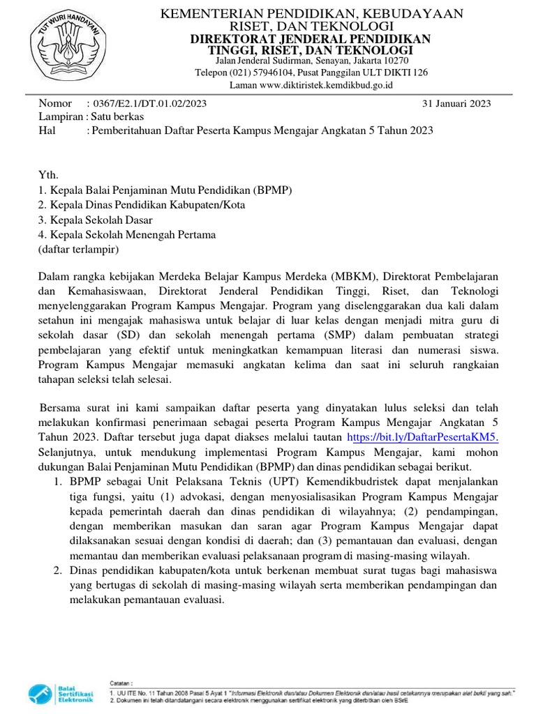 Surat Pemberitahuan Daftar Peserta KM5 SDN Sarangmeduro | PDF