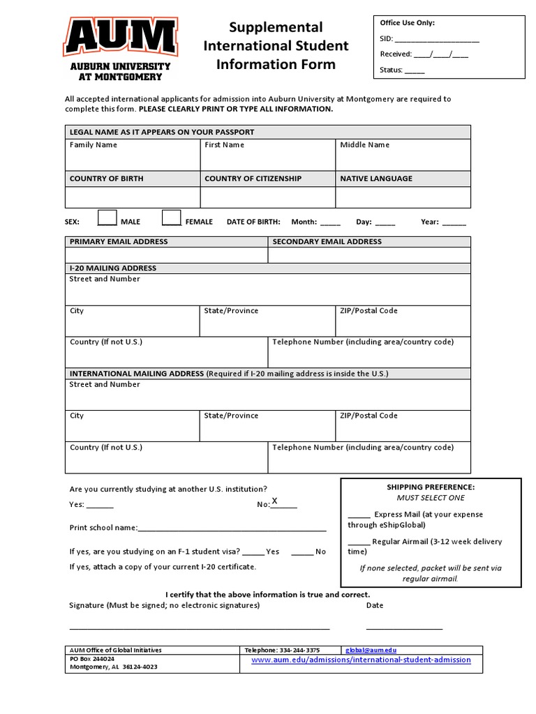 AUM Supplemental International Student Information Form Fillable | PDF ...
