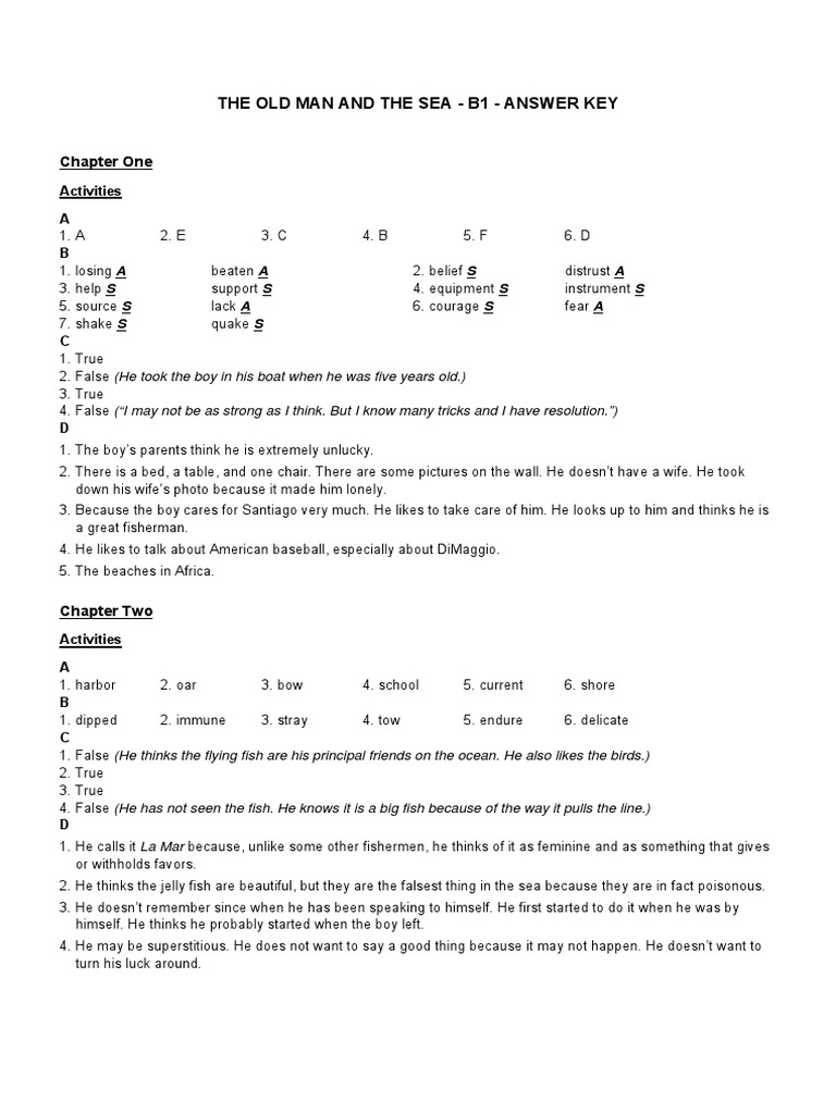 The Old Man and The Sea Answer Key | PDF