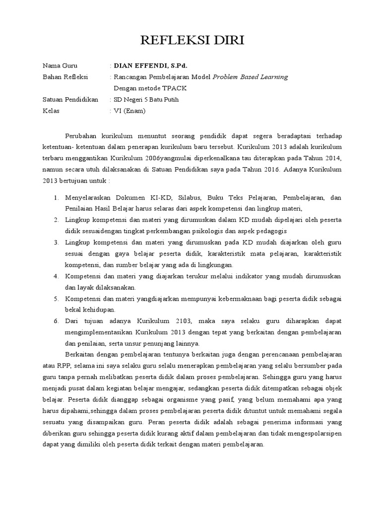 Refleksi Diri Penggunaan Model PBL Dengan Metode Tpack | PDF
