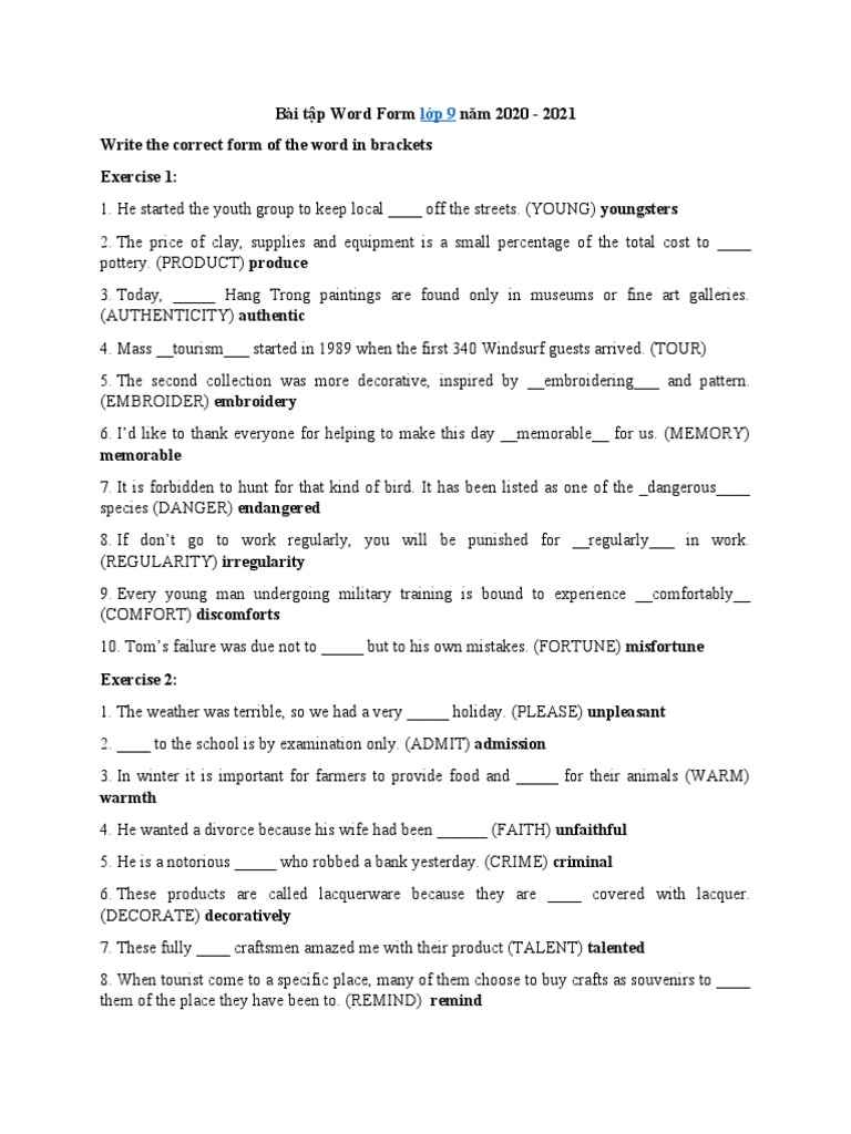 BÀI TẬP WORDFORM LỚP 9 | PDF