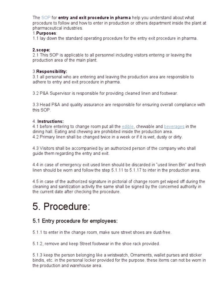 SOP for Entry and Exit in Pharma | PDF | Clothing | Consumer Goods