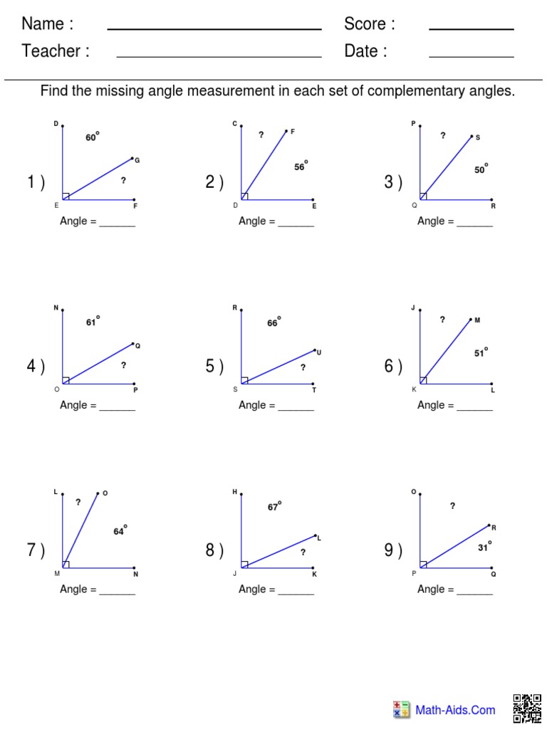 Angles - Complementary Exercise | PDF