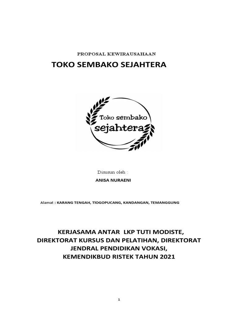 Proposal Usaha Toko Sembako Sejahtera | PDF