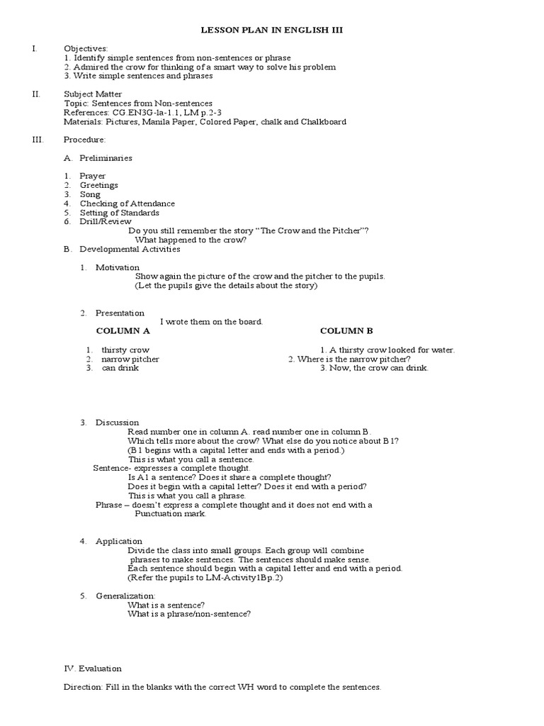 English III Lesson Plan: Sentences vs. Phrases | PDF | Cognition ...