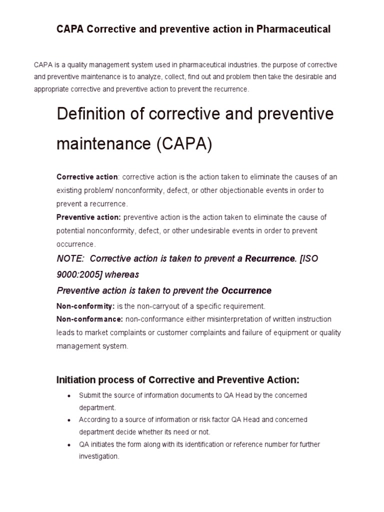 CAPA Corrective and Preventive Action in Pharmaceutical | PDF ...