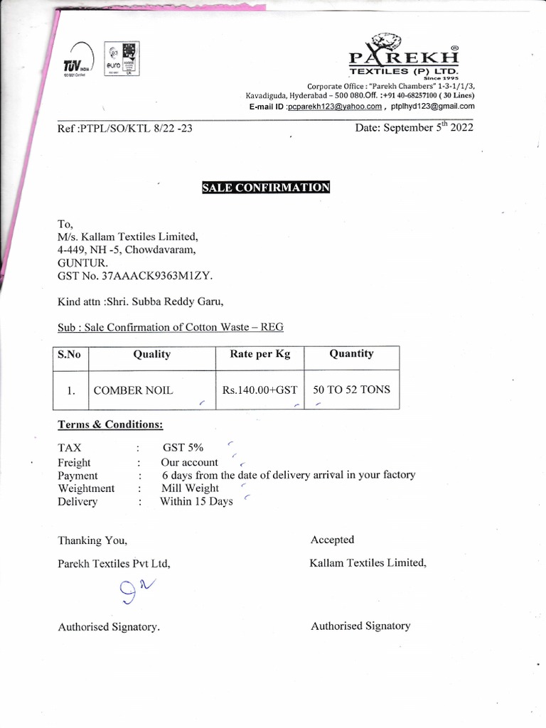 Cotton Waste Sale Confirmation | PDF