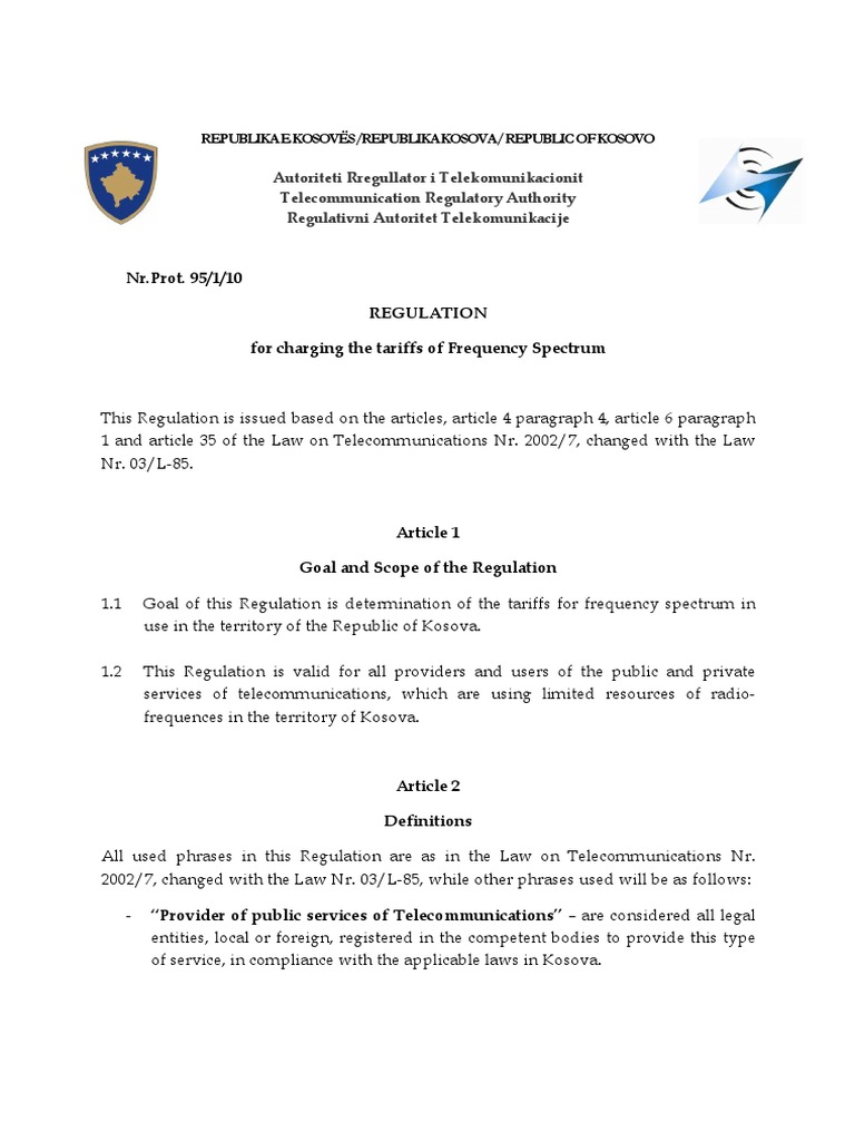 Regulation For Charging The Tariffs of Frequency Spectrum | PDF | Radio ...