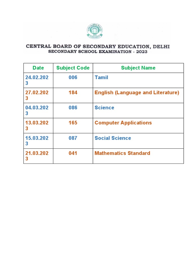 CBSE Class 10 Exam Schedule | PDF